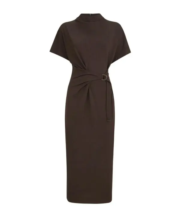 Brunello Cucinelli Techno Wool Jersey Wrap Belt Dress With Monili - Coffee