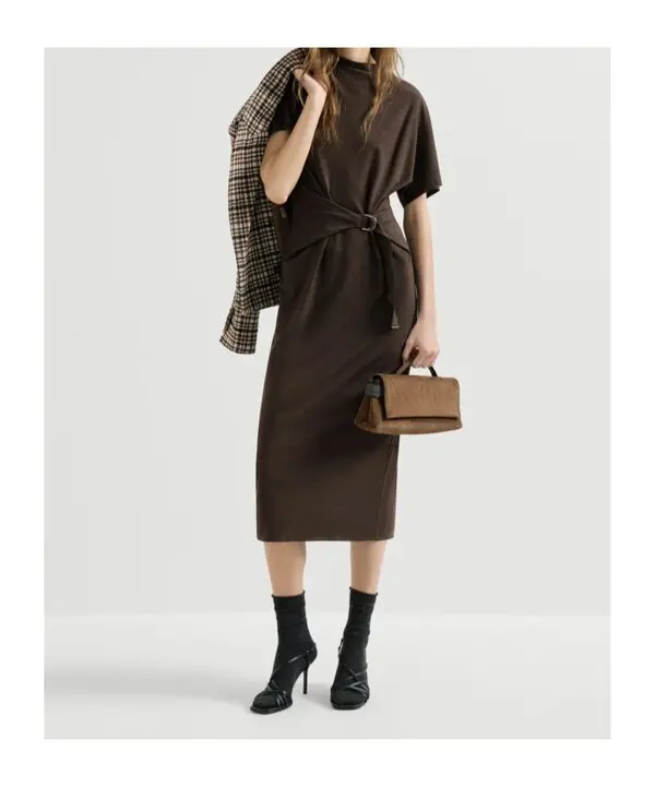 Brunello Cucinelli Techno Wool Jersey Wrap Belt Dress With Monili