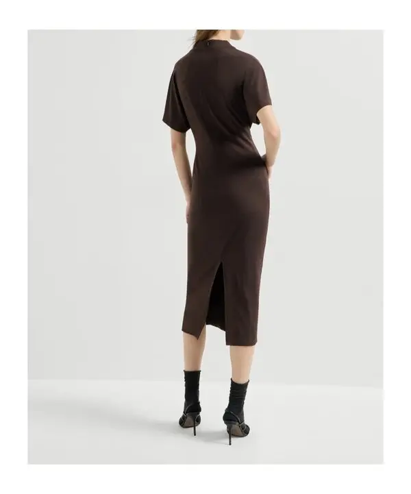 Brunello Cucinelli Techno Wool Jersey Wrap Belt Dress With Monili