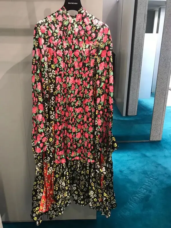 Balenciaga Asymmetrical Hem Patchwork Long Dress