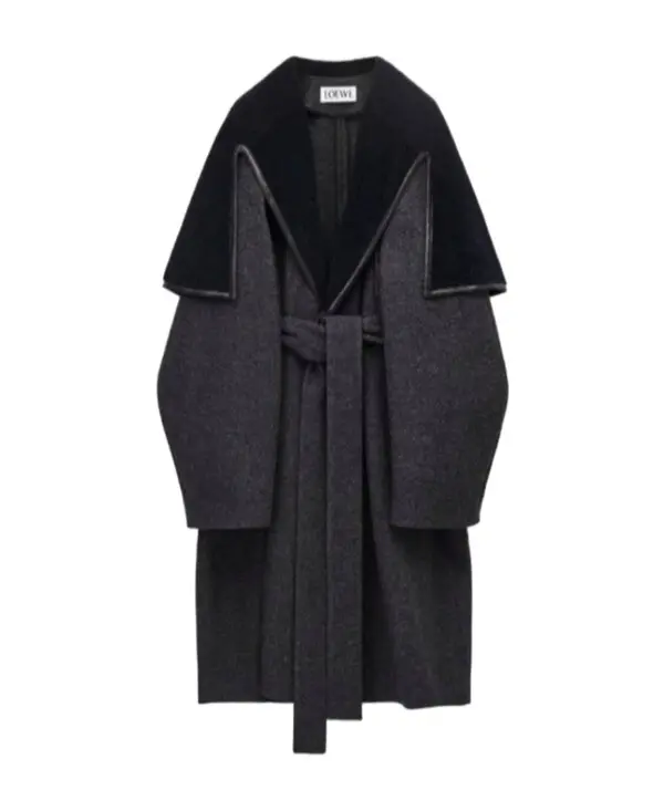 Loewe Shearling Collar Belted Coat In Wool - Black