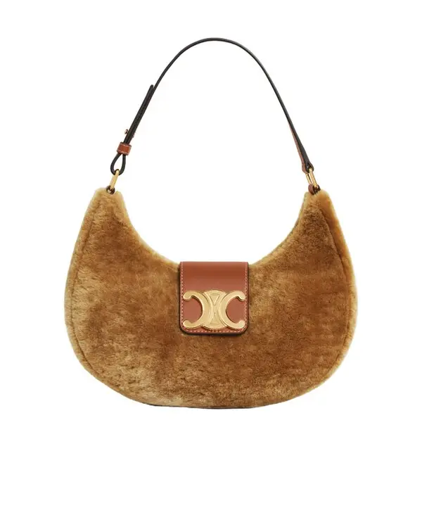 Celine Medium Ava Triomphe Bag In Shearling And Calfskin - Camel