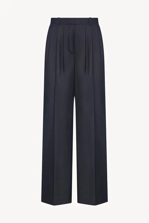 THE ROW Daniela Pleated Wool Twill Wide Leg Pants - Dark Navy