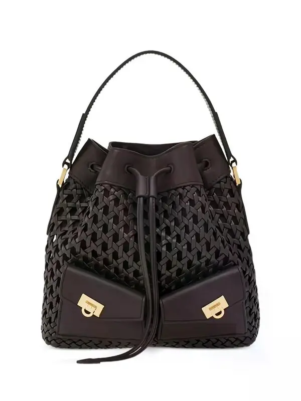 FERRAGAMO Woven Leather Mini Bucket Bag - Brown