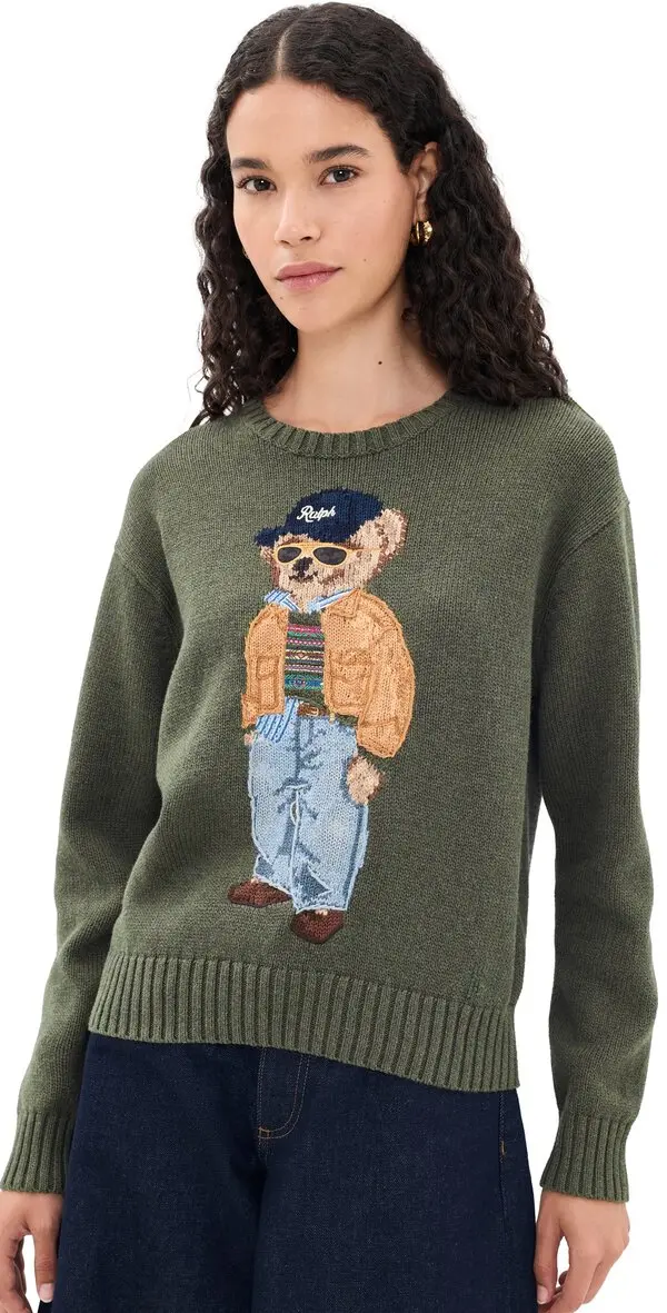Polo Ralph Lauren Cotton Bear Long Sleeve Crew Neck Pullover - Marled Olive