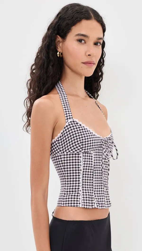 GUIZIO Marini Gingham Corset With Lace Trim