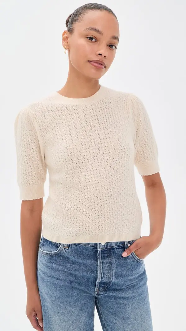 FRAME Gathered Honeycomb Cashmere Sweater With Puff Sleeves