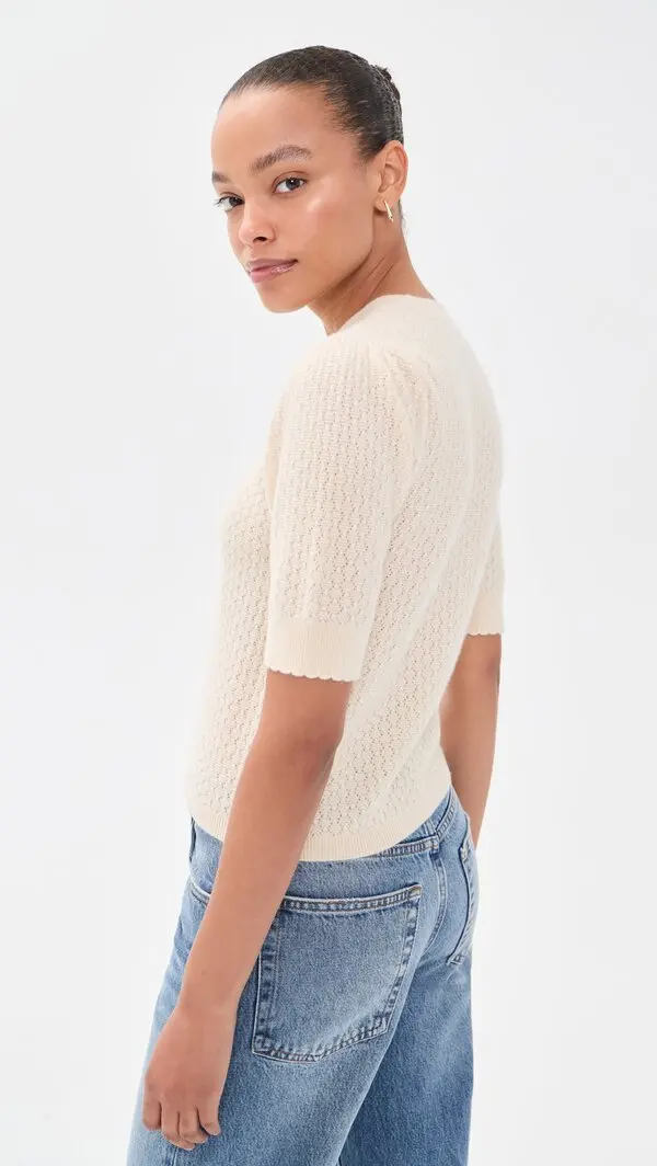 FRAME Gathered Honeycomb Cashmere Sweater With Puff Sleeves