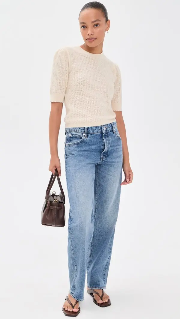 FRAME Gathered Honeycomb Cashmere Sweater With Puff Sleeves