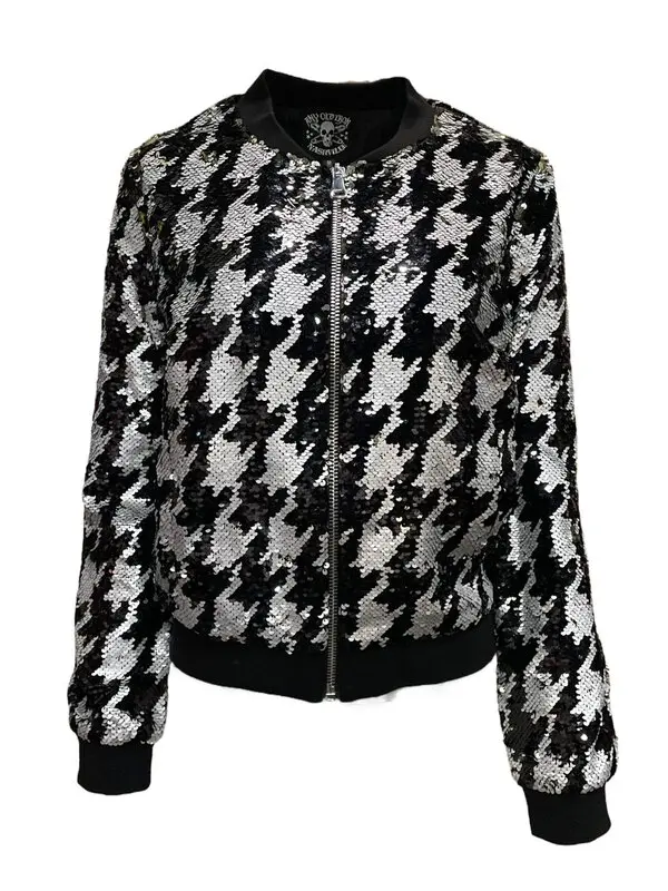 ANY OLD IRON Gold / Black / Silver Metallic Reversible Sequin Dogstooth Bomber Jacket