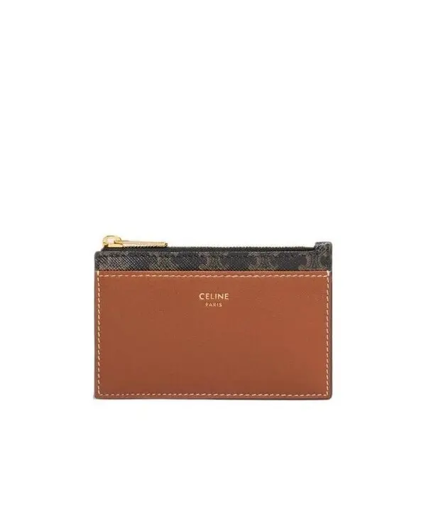 Celine Zipped Card Holder In Triomphe Canvas And Lambskin - Brown