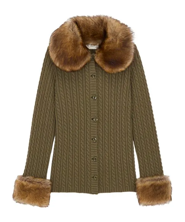 Saint Laurent Long-sleeved Cardigan With Fur Trim - Khaki
