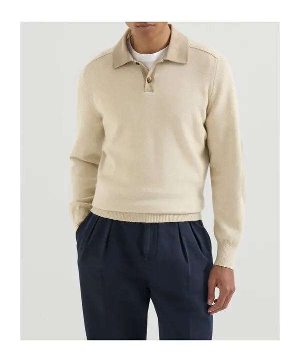 Brunello Cucinelli Cashmere Knit Polo With Suede Collar