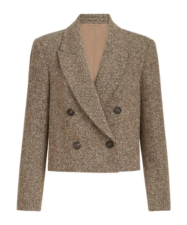 Brunello Cucinelli Sparkling Virgin Wool Chevron Cropped Blazer - Light Brown