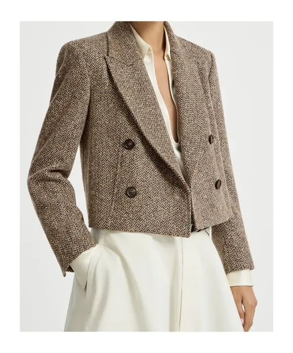 Brunello Cucinelli Sparkling Virgin Wool Chevron Cropped Blazer