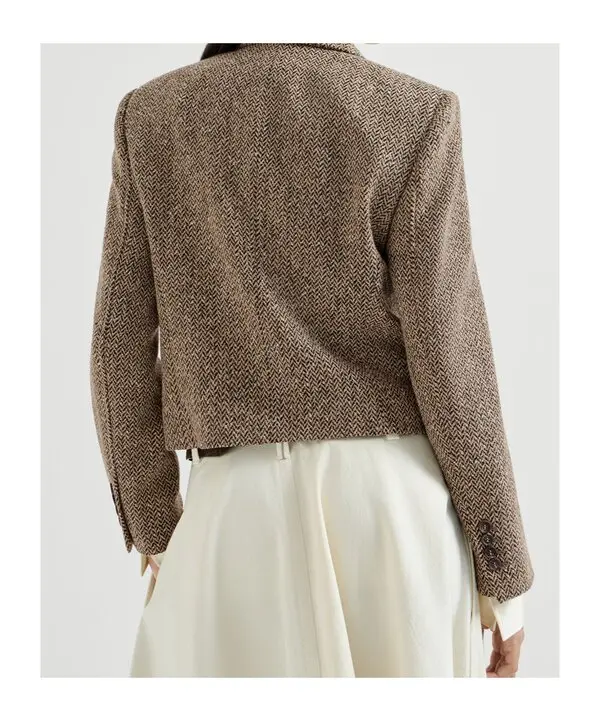 Brunello Cucinelli Sparkling Virgin Wool Chevron Cropped Blazer