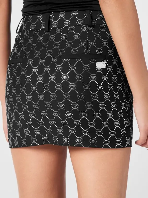 Philipp Plein Jersey Pencil Mini Skirt With Hexagon Rhinestone Logo