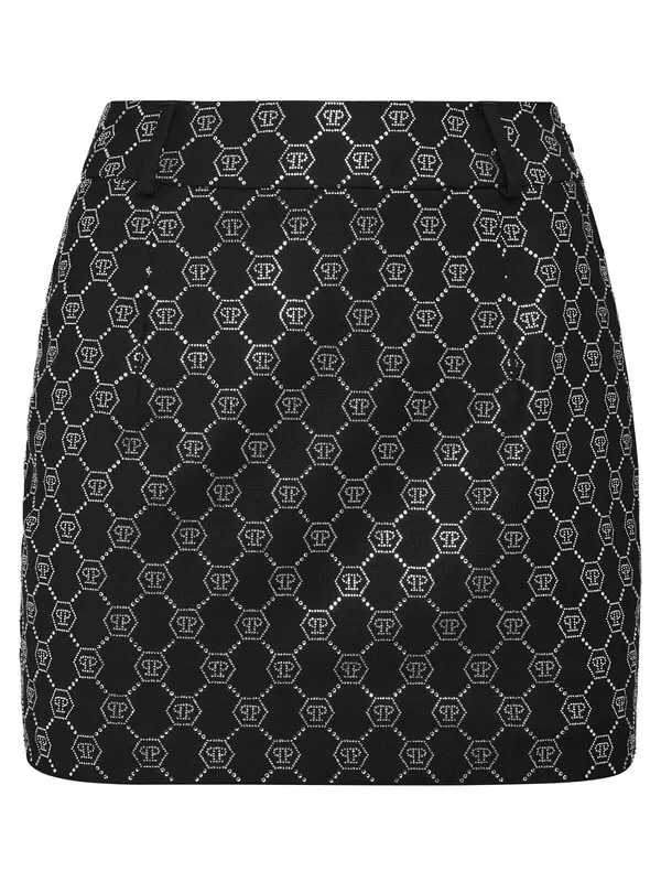 Philipp Plein Jersey Pencil Mini Skirt With Hexagon Rhinestone Logo