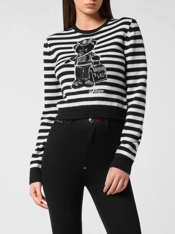Philipp Plein Striped Cotton Crewneck Jumper With Teddy Bear Print - Black