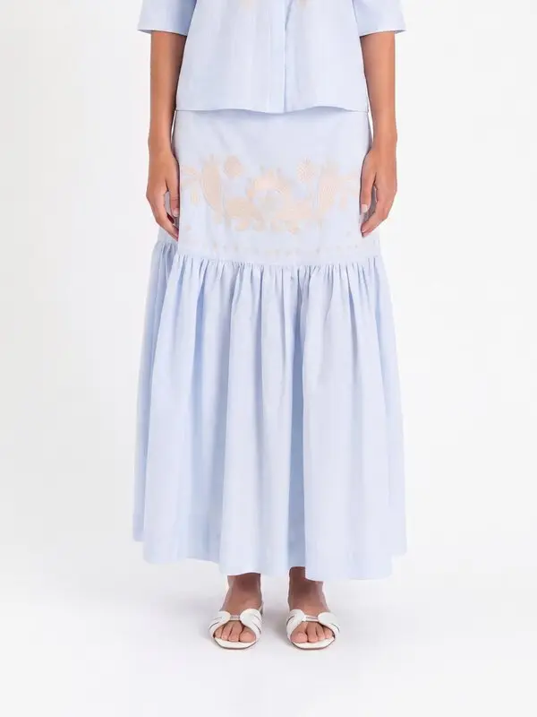 TWINSET Long Pleated Cotton Skirt With High Waist And Embroidery - Sky Blue