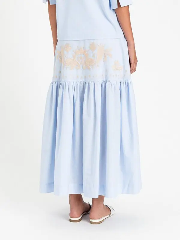 TWINSET Long Pleated Cotton Skirt With High Waist And Embroidery - Sky Blue
