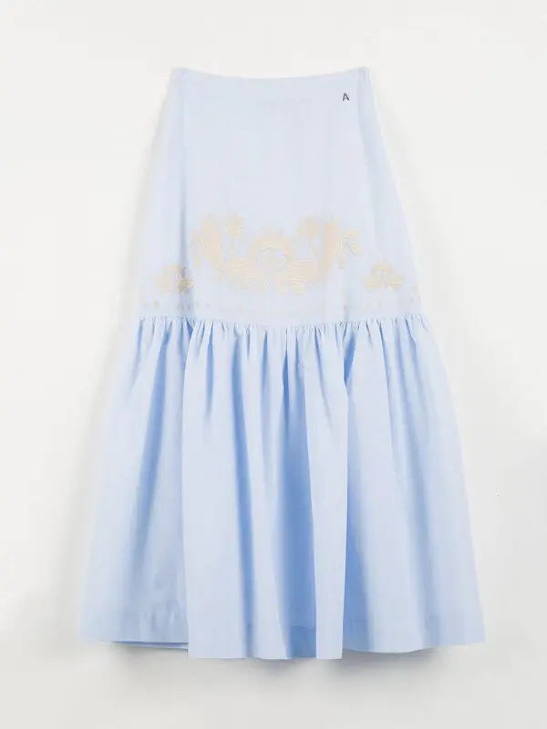 TWINSET Long Pleated Cotton Skirt With High Waist And Embroidery - Sky Blue