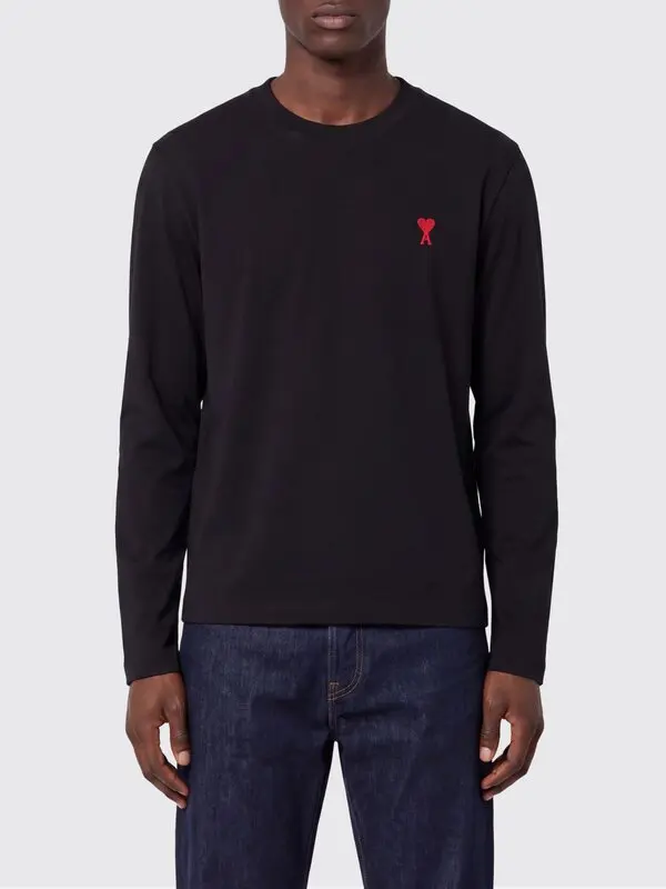 AMI Paris Long-sleeved Cotton Jersey T-shirt With Embroidered Logo - Black