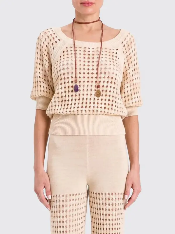 TWINSET Perforated Cotton Knit Top With Boat Neck And Dropped Shoulders