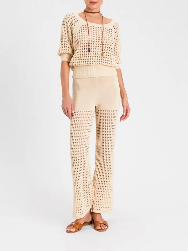 TWINSET Perforated Cotton Knit Top With Boat Neck And Dropped Shoulders