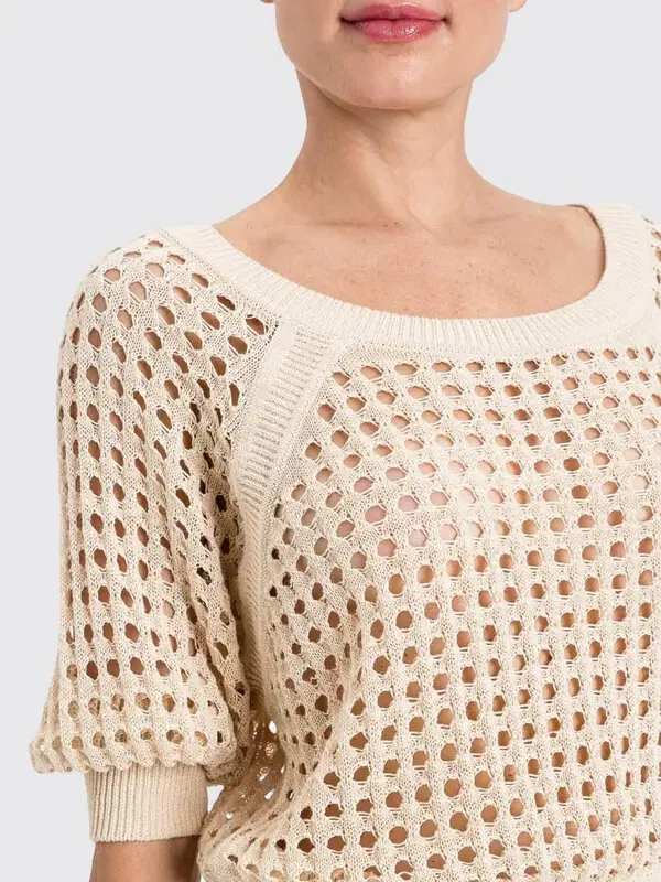 TWINSET Perforated Cotton Knit Top With Boat Neck And Dropped Shoulders