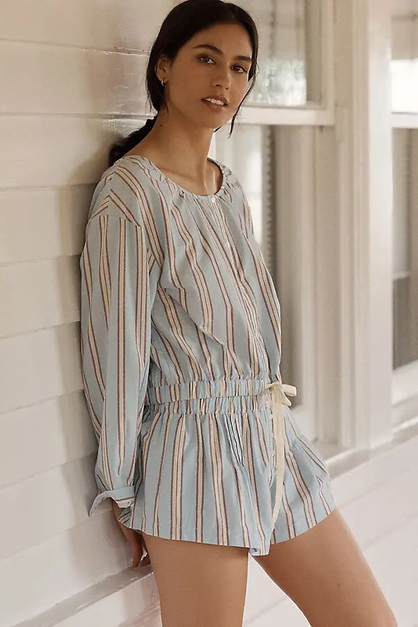 LYREBIRD Long Sleeve Buttondown Bubble Top - Blue Stripe