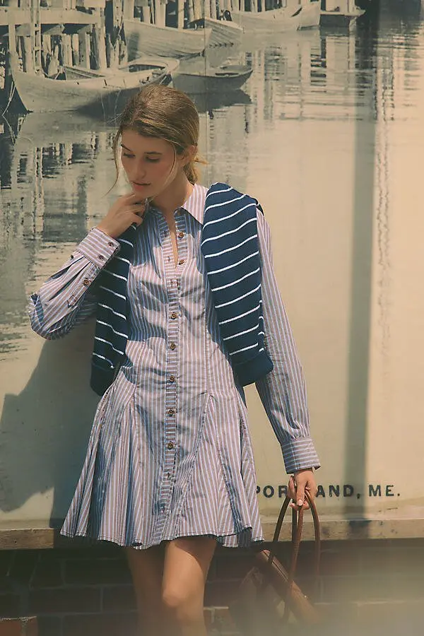 Maeve Godet Mini Shirtdress In Stripes - Brown Stripe