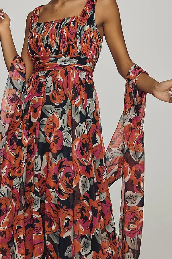 Mac Duggal Square-neck Scarf Maxi Dress - Pink Pattern