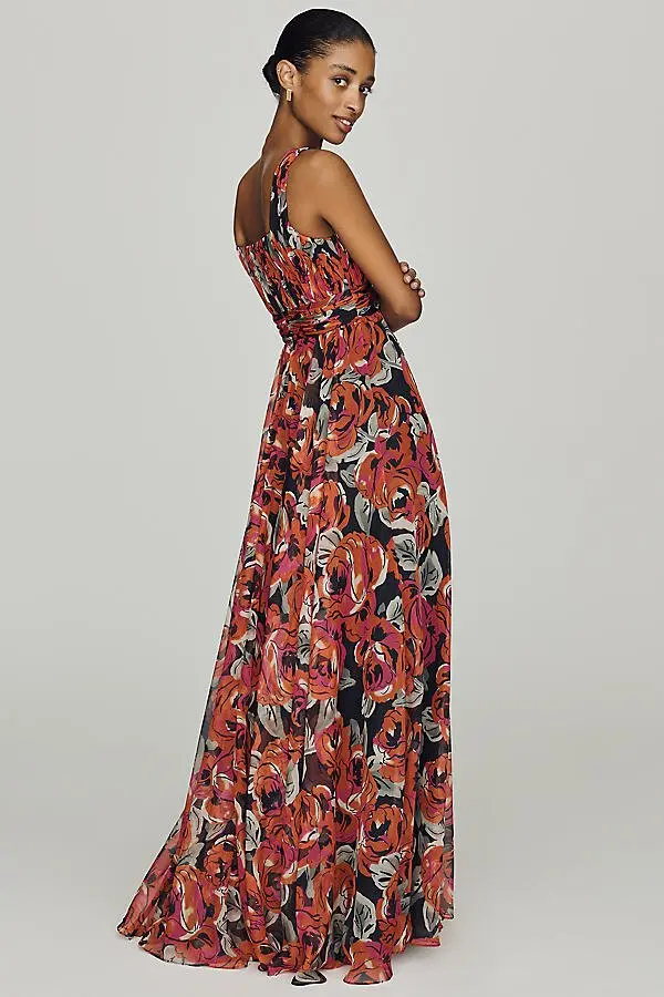 Mac Duggal Square-neck Scarf Maxi Dress - Pink Pattern