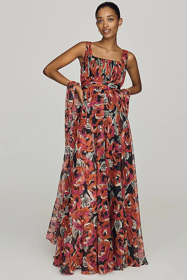 Mac Duggal Square-neck Scarf Maxi Dress - Pink Pattern