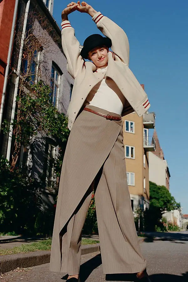 WHITEROOM + CACTUS Wrap Front Pinstriped Wide Leg Trousers - Brown Pinstripe