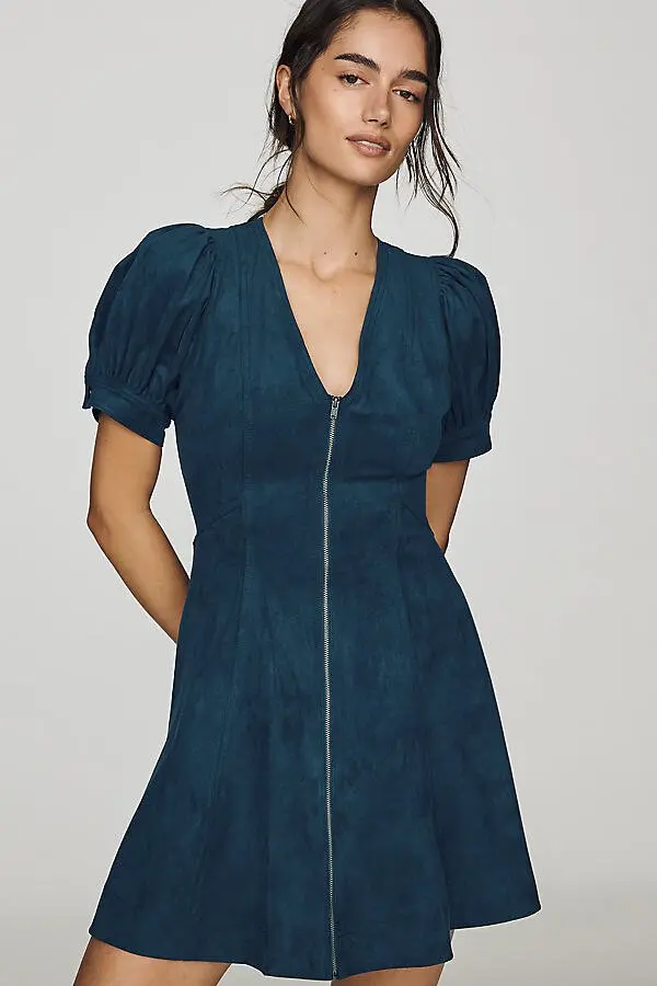 PILCRO Calder Faux-suede V-neck Mini Dress - Teal Green