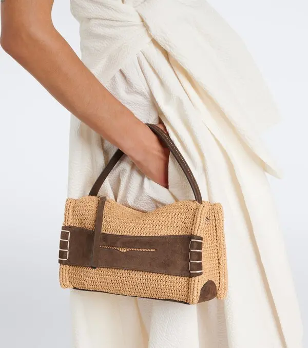 JW Anderson Loafer Small Suede-trimmed Raffia Top-handle Bag