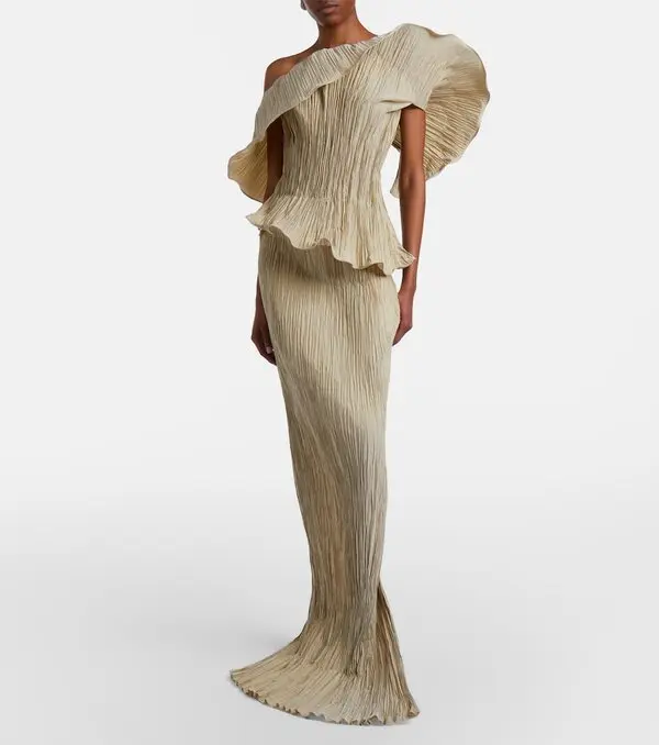 MARMAR HALIM Asymmetric Pleated Taffeta Gown