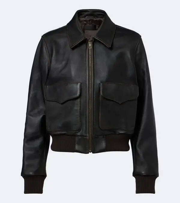 NILI LOTAN Distressed Black Leather Bomber Jacket - Brown