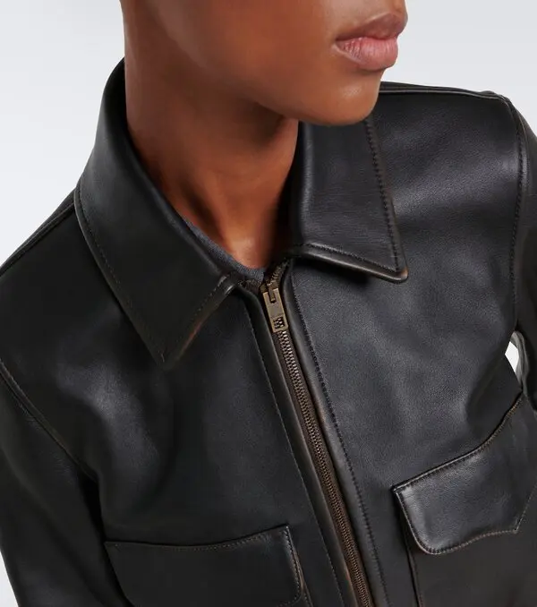 NILI LOTAN Distressed Black Leather Bomber Jacket