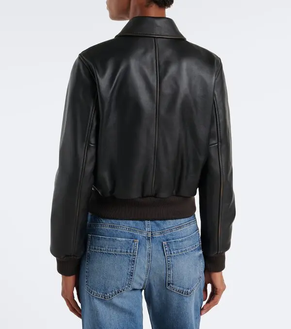 NILI LOTAN Distressed Black Leather Bomber Jacket