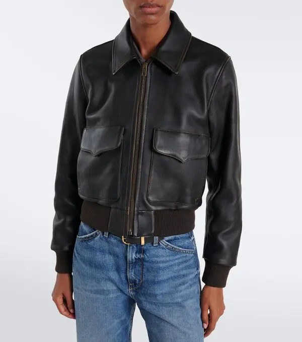 NILI LOTAN Distressed Black Leather Bomber Jacket