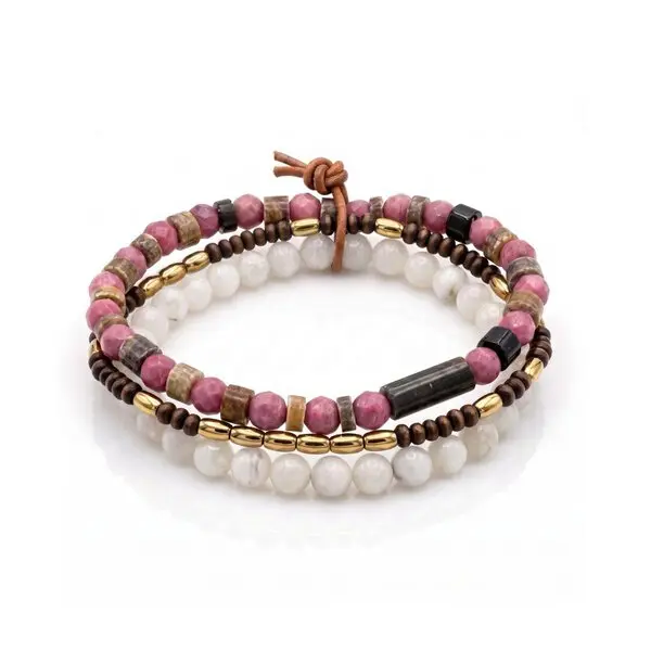 JAREDJAMIN Cassian Jasper & Pearlescent Quartz Stackable Bracelet Set - Pink