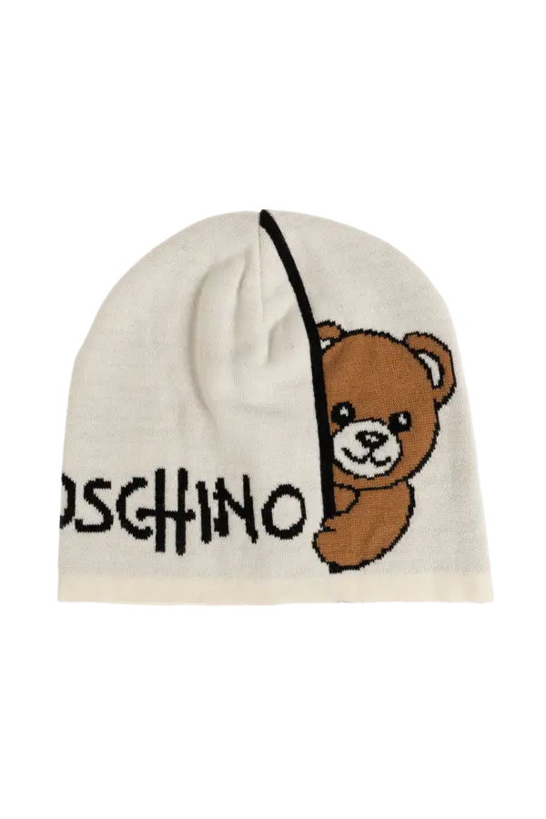Moschino Beanie With Teddy Bear And Logo Motif - Cream