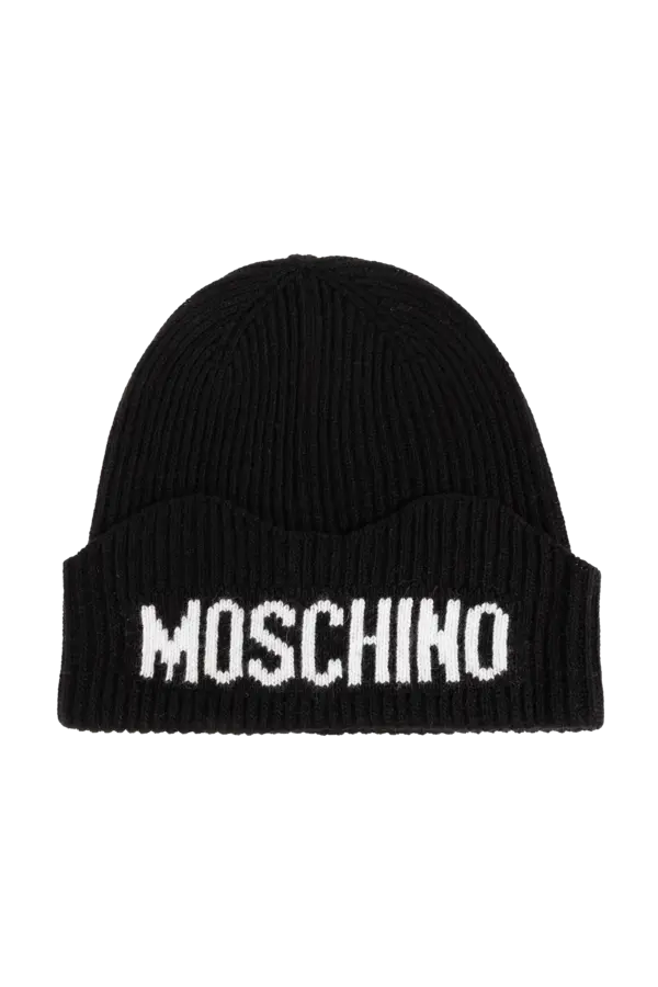 Moschino Ribbed Wool Blend Beanie With Logo - Black