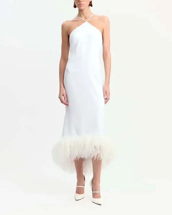16Arlington Ade Midi Dress With Feather Trim - White
