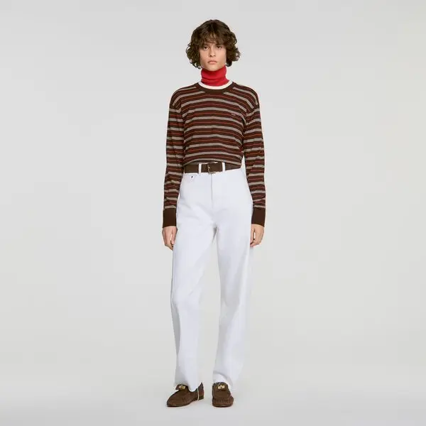 Sandro Striped Wool Sweater With Trompe-l'ail Neckline - Brown