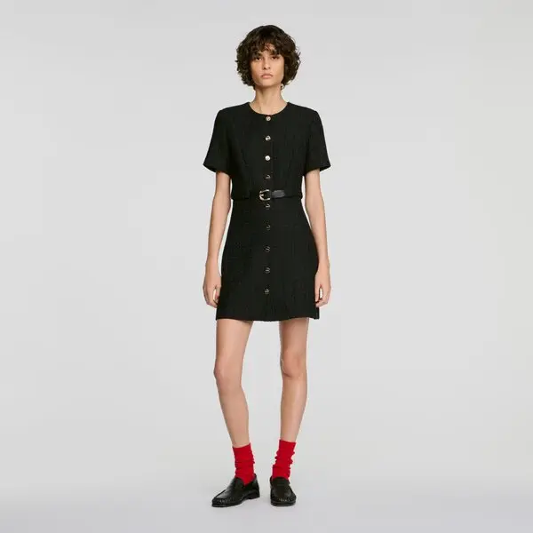 Sandro Short Belted Tweed Dress With Metal Buttons - Black