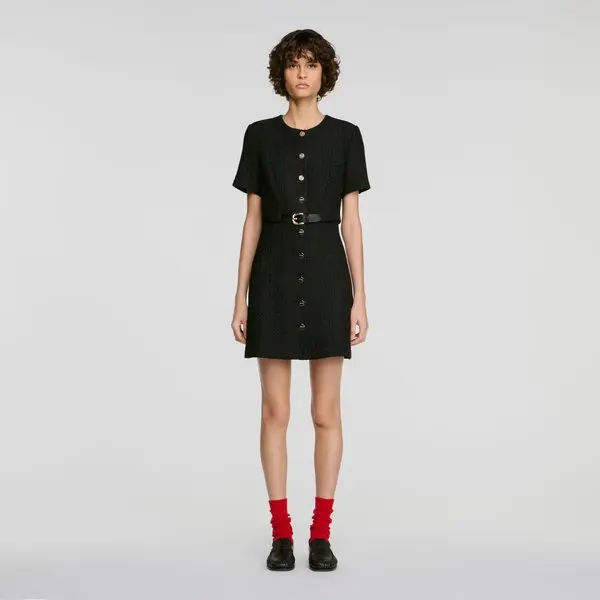 Sandro Short Belted Tweed Dress With Metal Buttons
